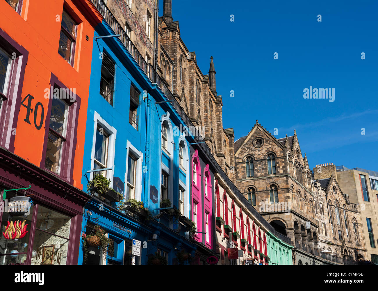 Colourful buildings on historic Victoria Street in Edinburgh Old Town ...