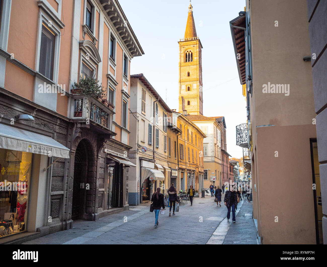 PAVIA, ITALY - FEBRUARY 22, 2019: people on street Via XX Settembre and ...