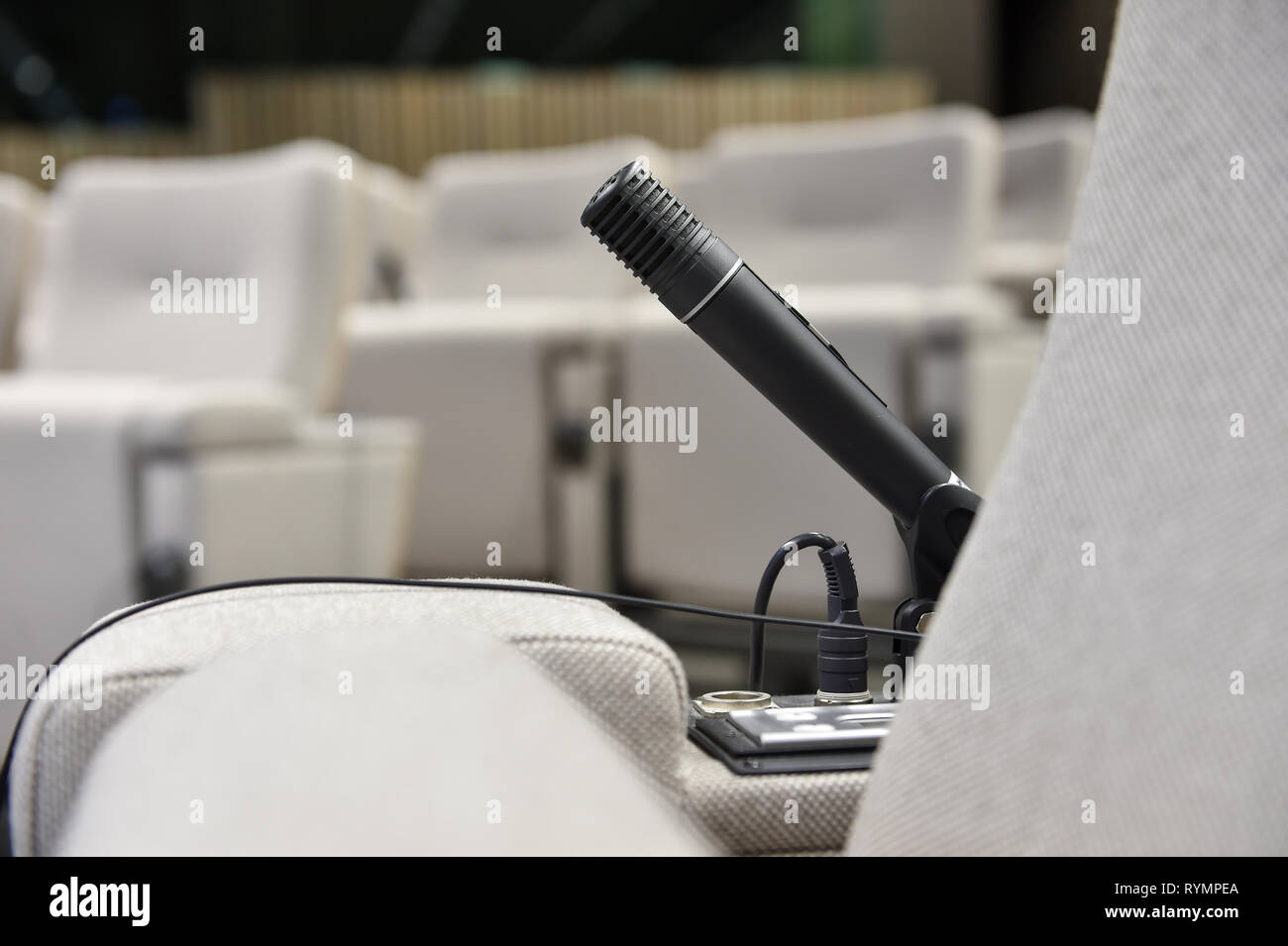 Detail shot with a press microphone in a conference room Stock Photo ...