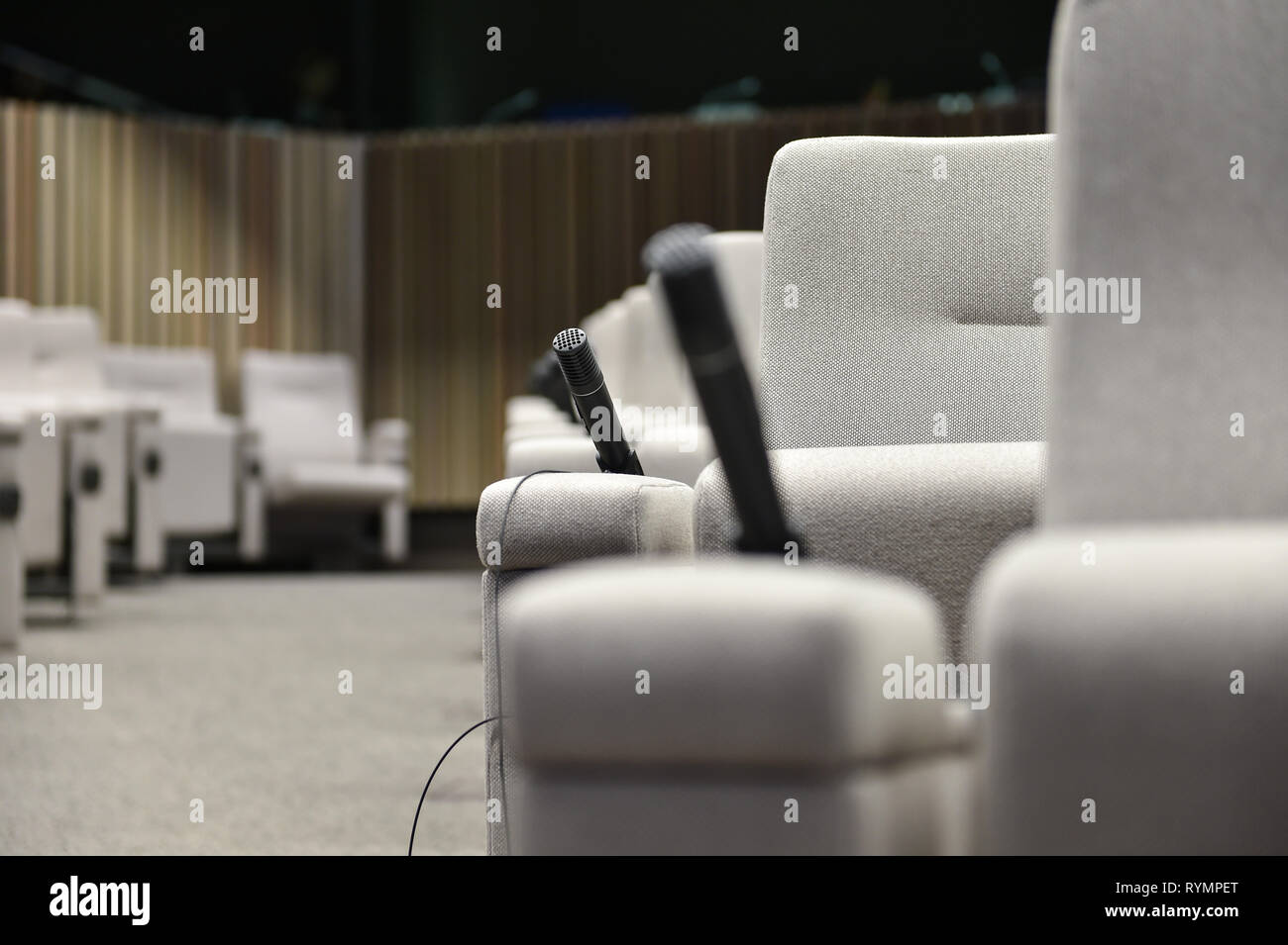 Detail shot with a press microphone in a conference room Stock Photo ...