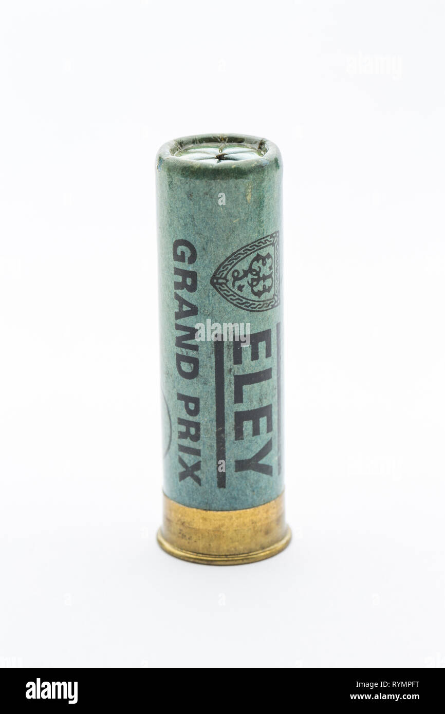 An old 16-bore, or gauge, Eley Grand Prix paper cased shotgun cartridge ...