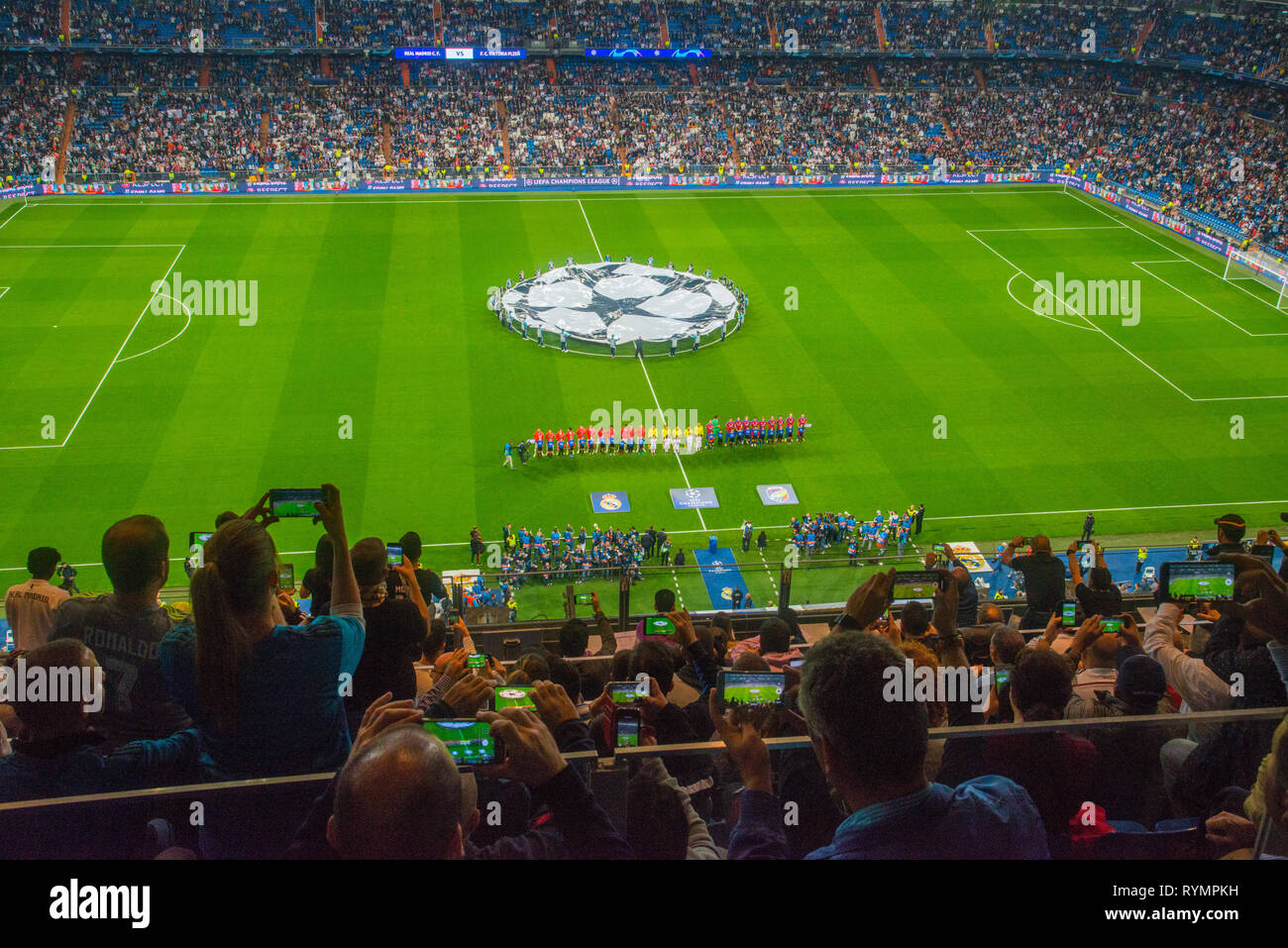 Champions League football match, previous moments. Santiago Bernabeu ...