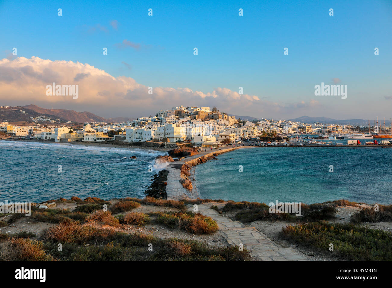 Naxos City seen from the Portara of Naxos on a stormy evening, Greece ...