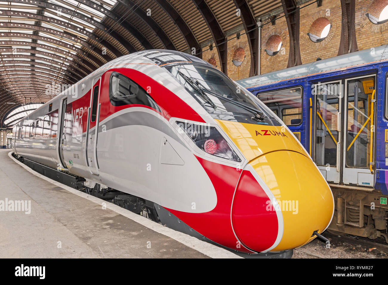 The new Azuma, bullet-shaped train of the LNER, beside a platform at ...