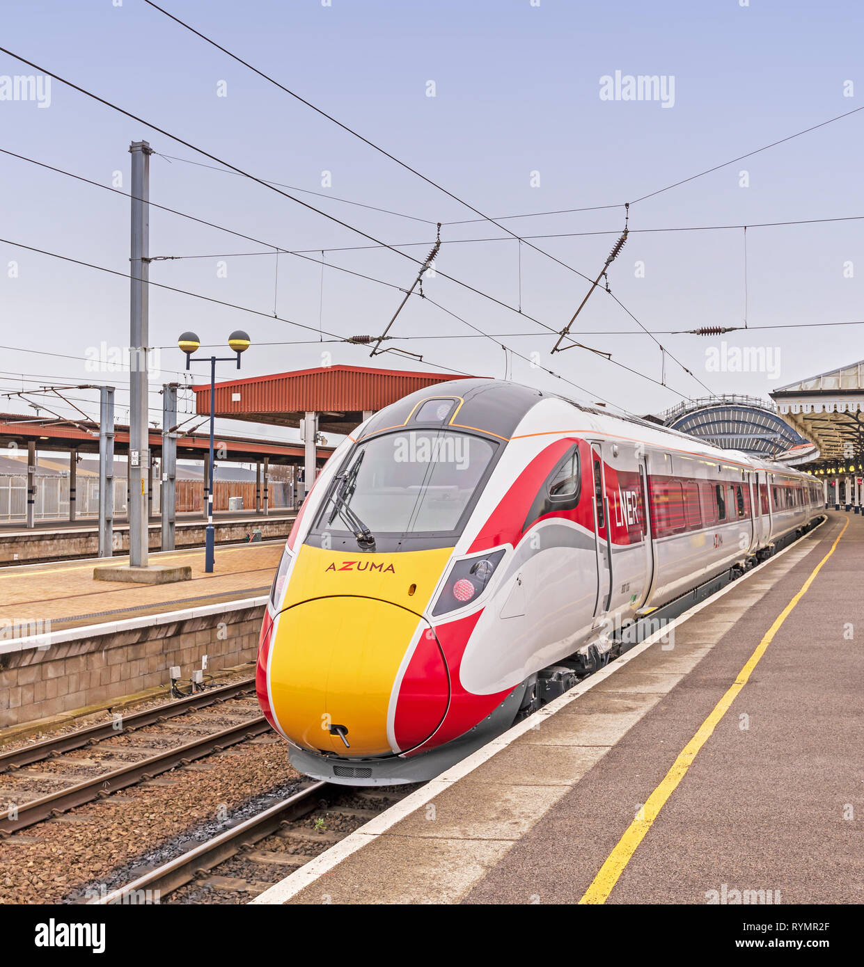 The new Azuma train of the LNER, beside a platform at York Station. Its ...
