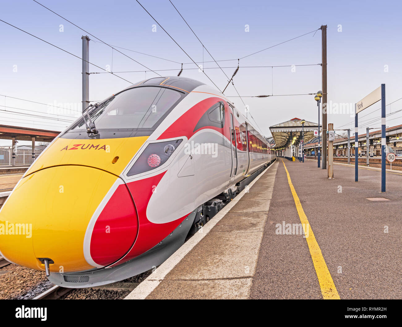 The new Azuma train of the LNER, beside a platform at York Station. Its ...
