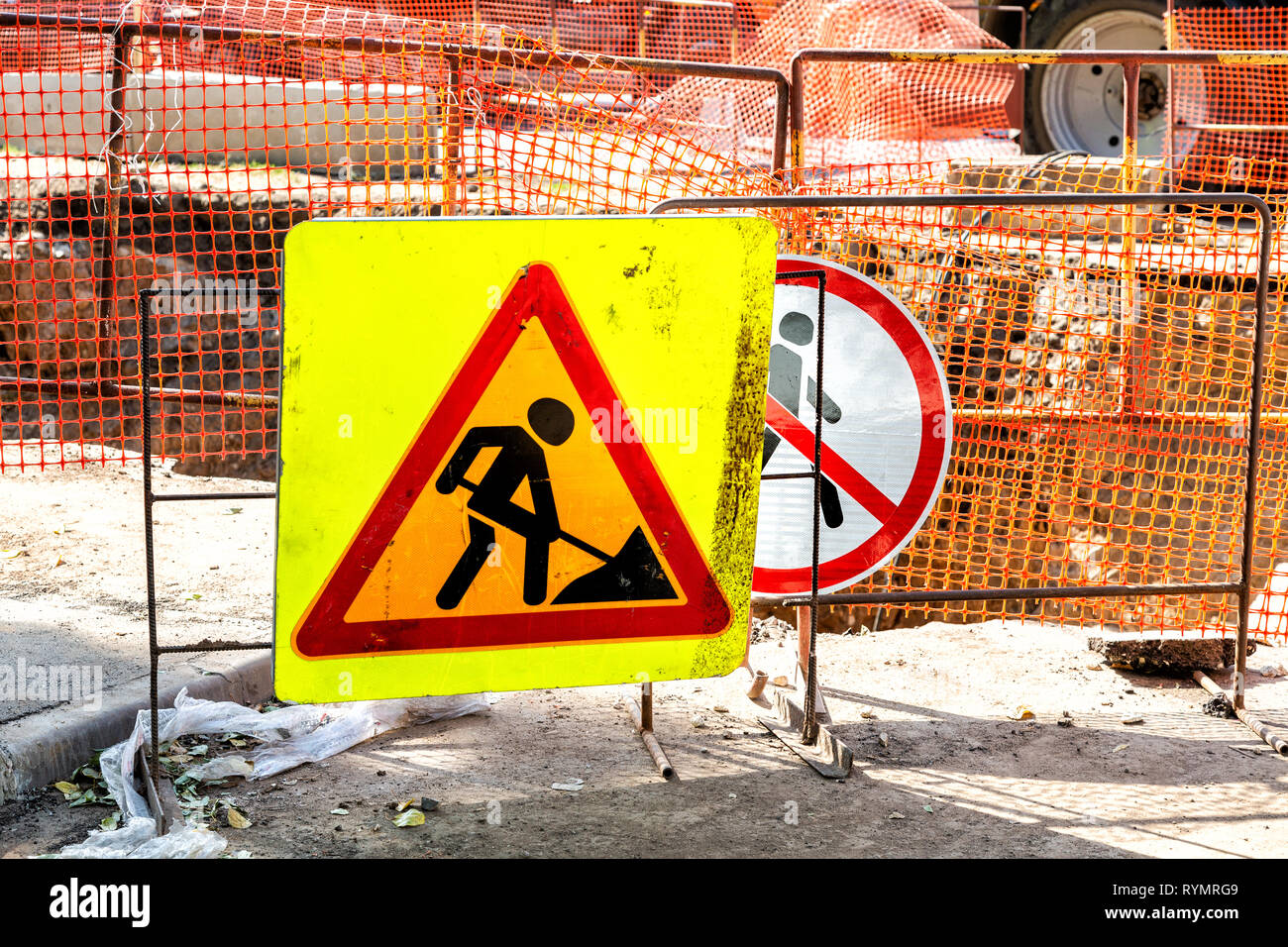 Road signs at the construction site in summer day Stock Photo - Alamy