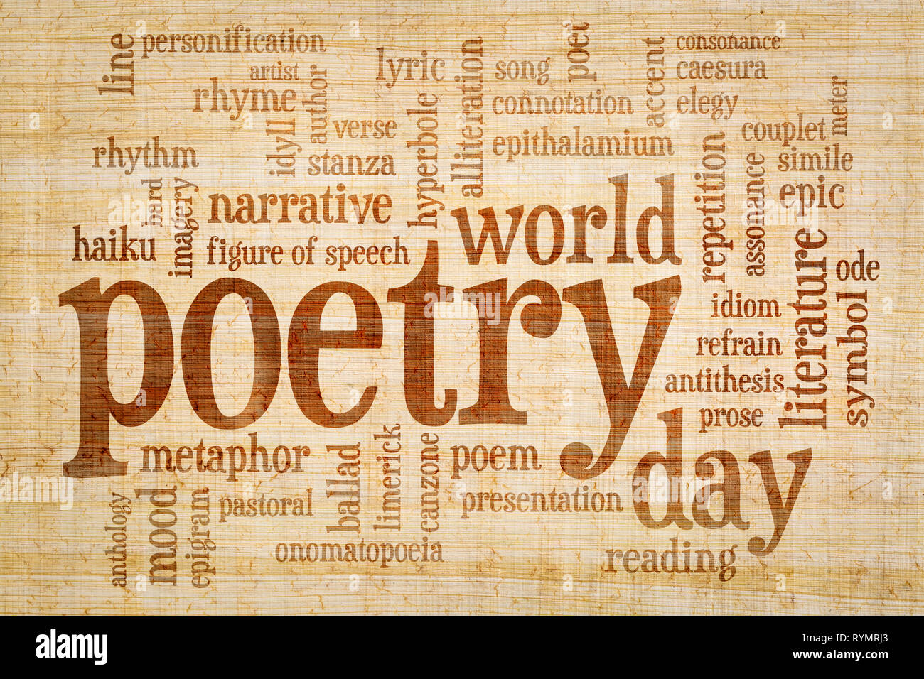world poetry day - word cloud on papyrus paper with yellow and brown ...