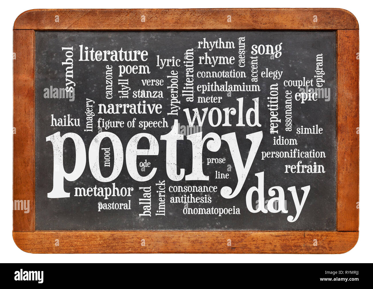 world poetry day word cloud - white chalk text on a slate blackboard ...
