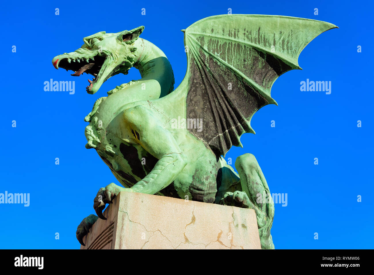 Dragon statue in Ljubljana old town streets, Slovenia. Sculpture in ...