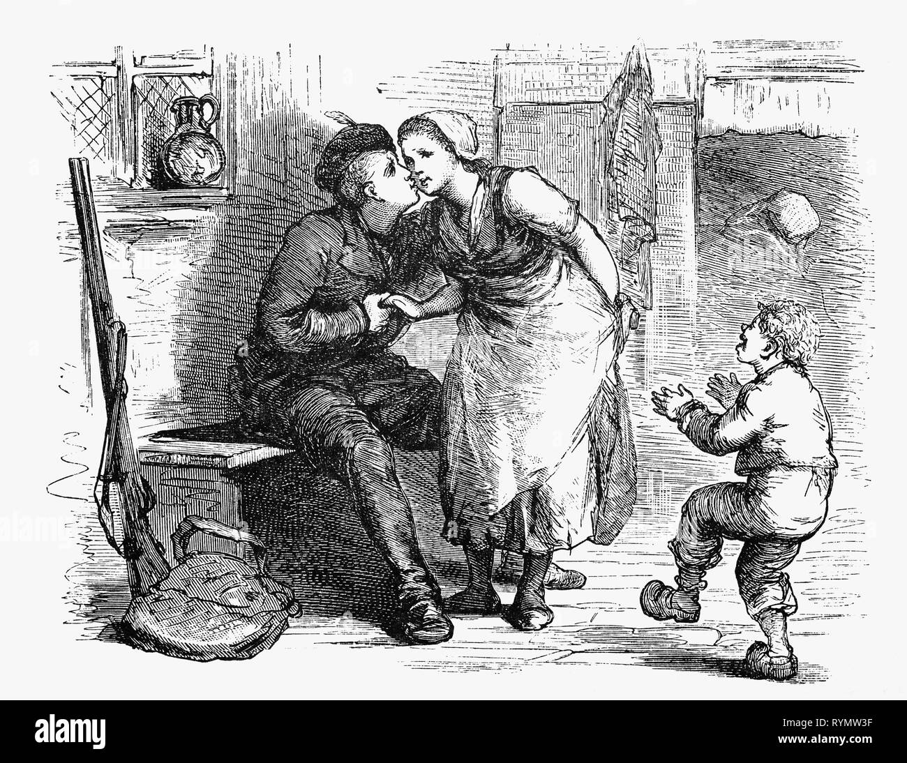 A young hunter kisses his girl friend before leaving to shoot. From the ...
