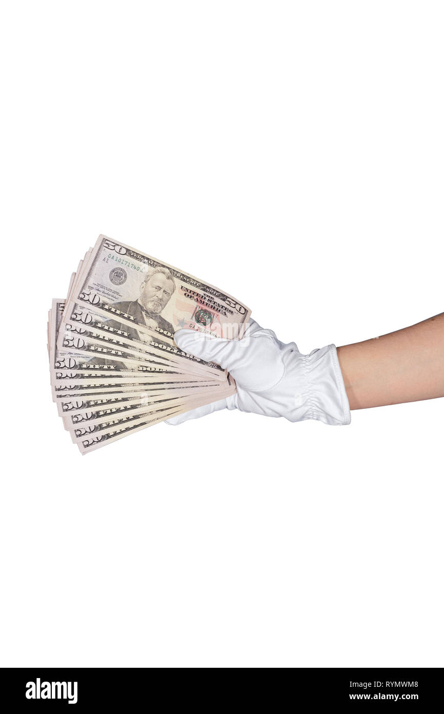 Hand in gloves holding 50 dollar cash money Stock Photo - Alamy