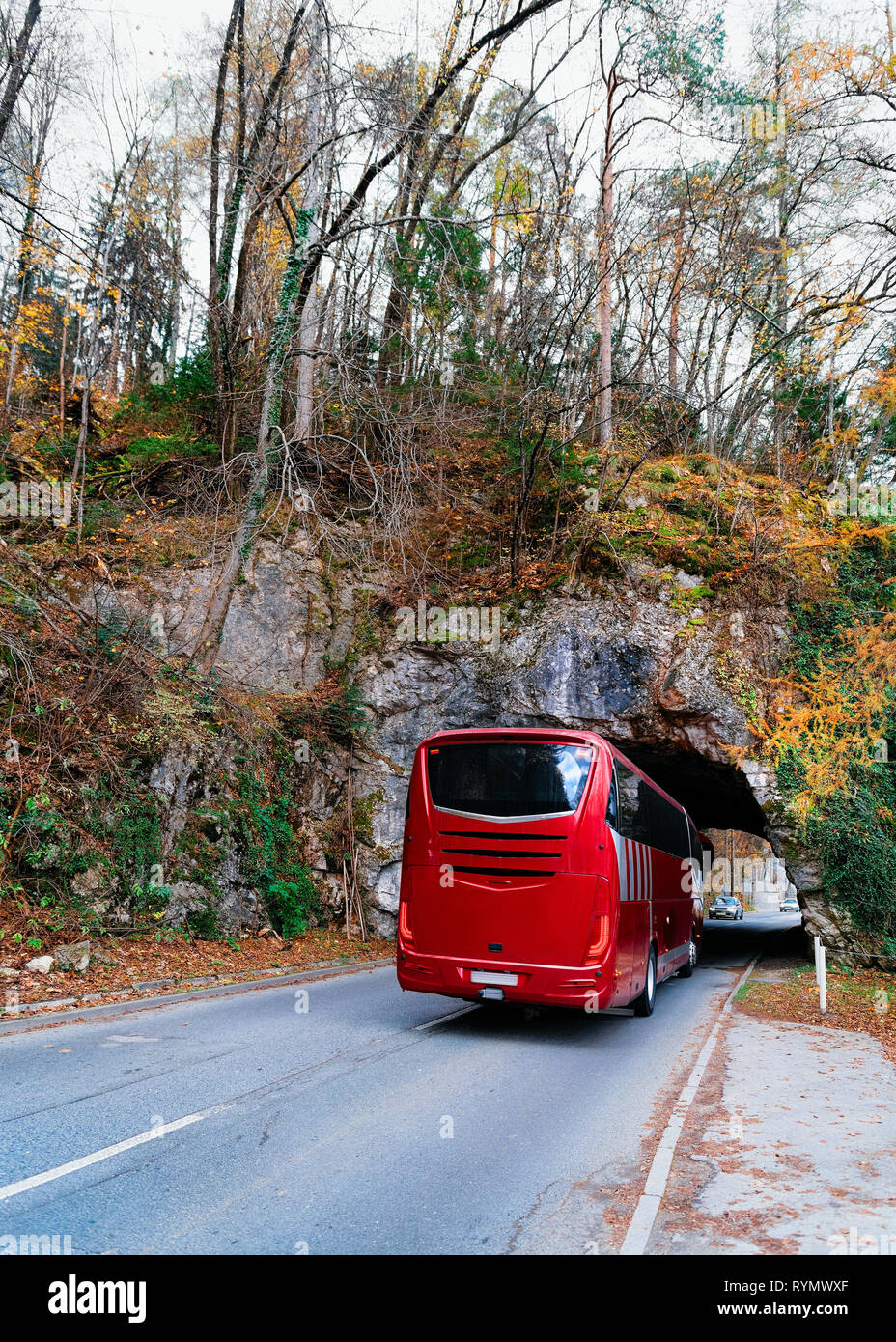 Red bus on the road at the tunnel in the mountains in Bled in Slovenia ...