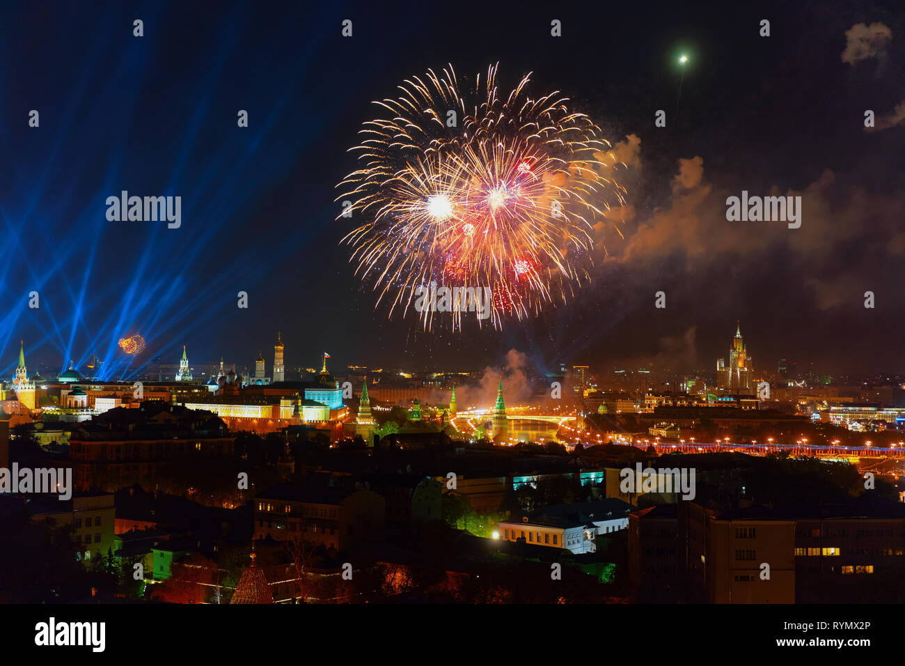 Fireworks above Kremlin in Moscow city in Russia at night Stock Photo ...