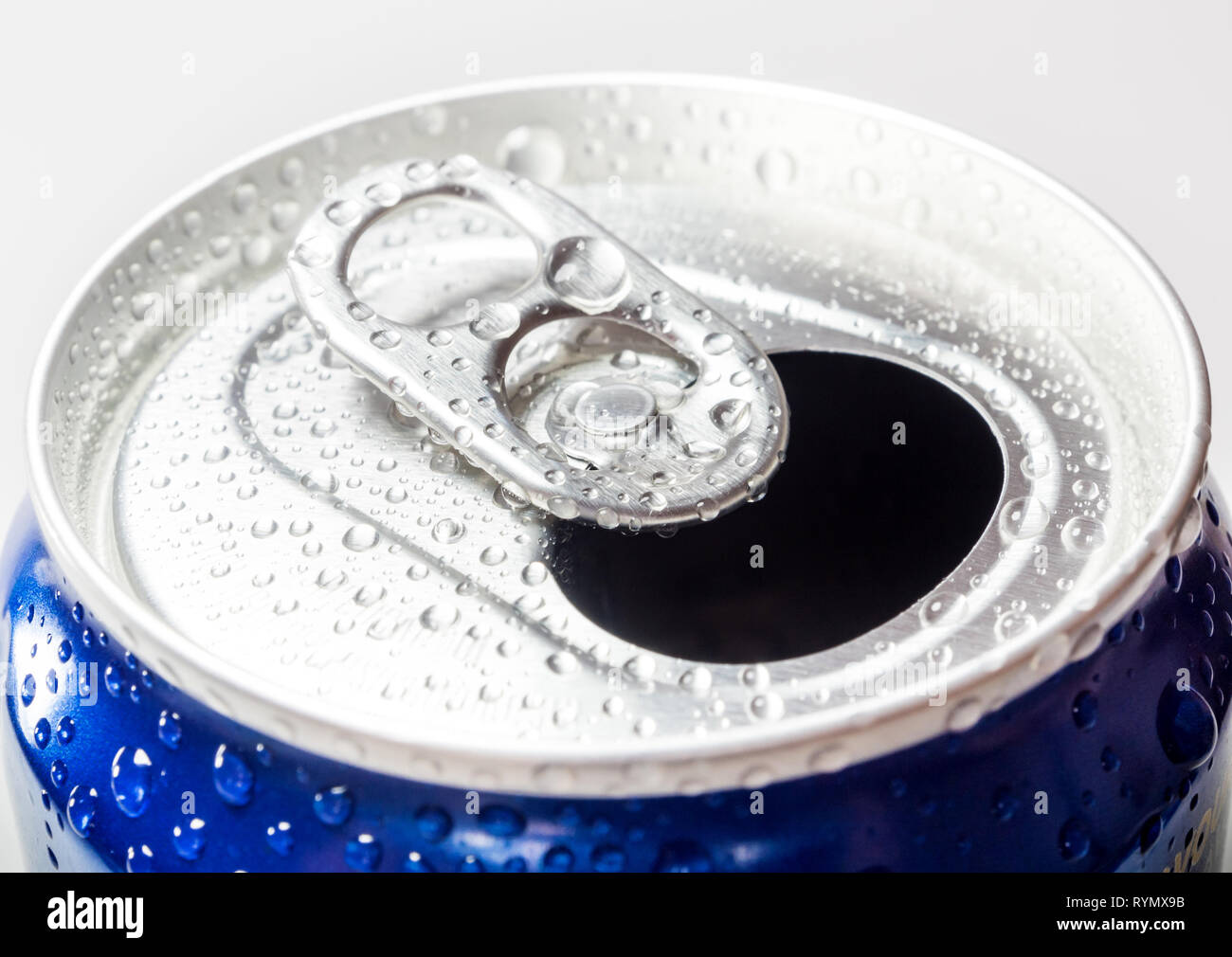 Condensation refreshing water droplets on the fresh cold soft drink can ...