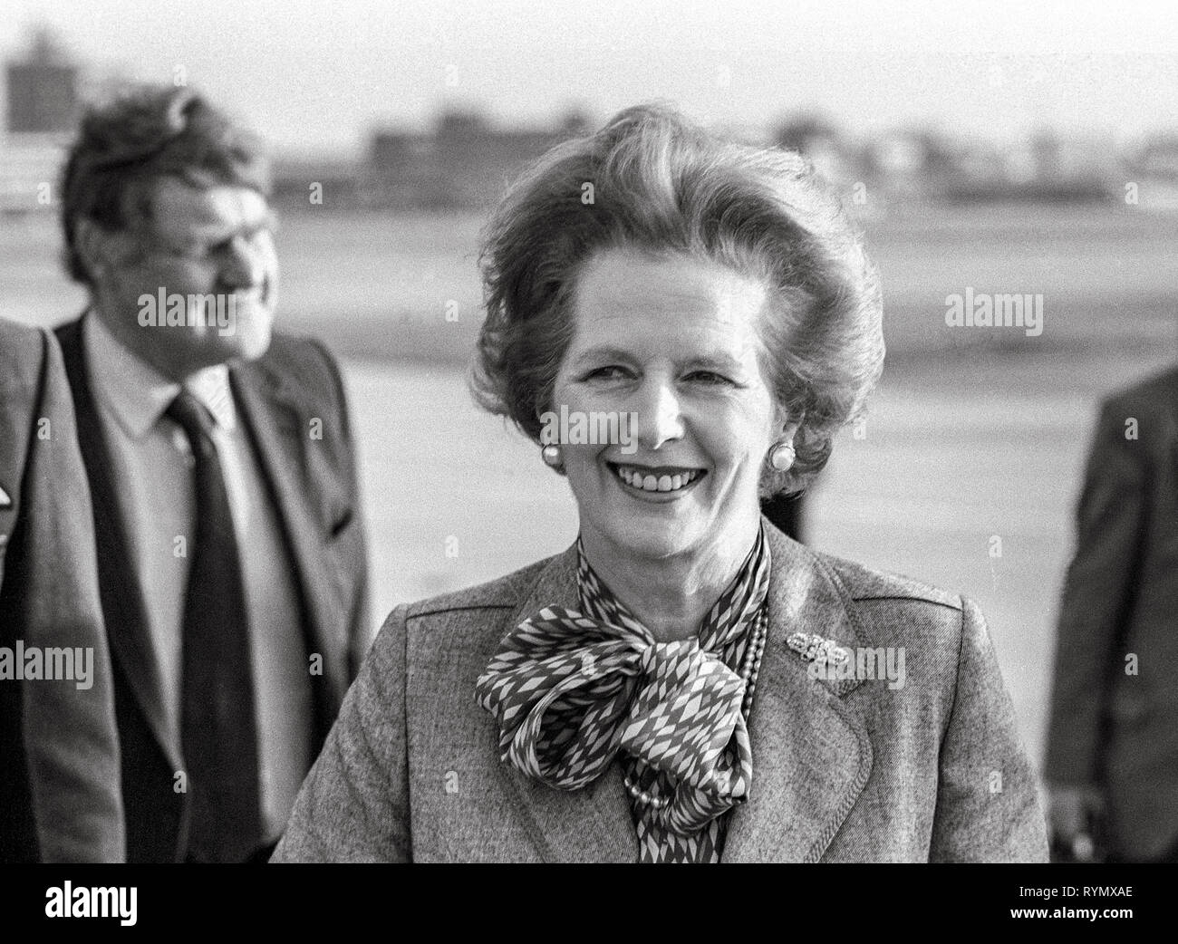 Prime minister Margaret Thatcher leaving Heathrow for Brussels in ...