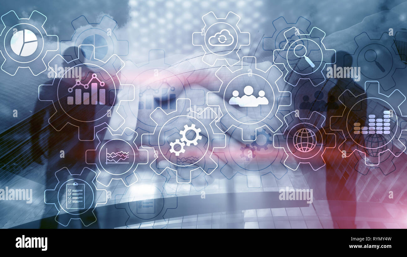 Business process abstract diagram with gears and icons. Workflow and ...