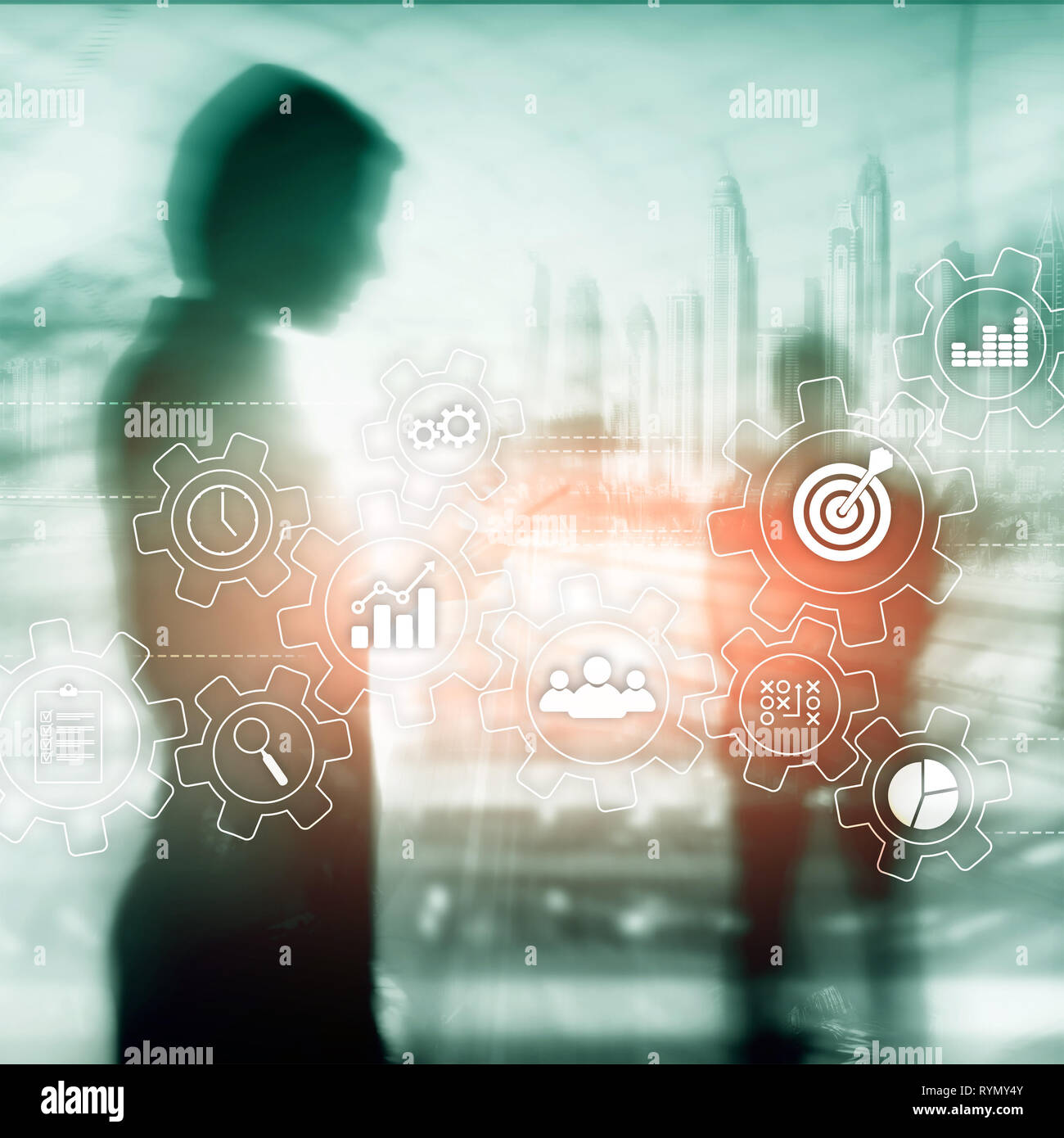 Business process automation concept. Gears and icons on abstract ...