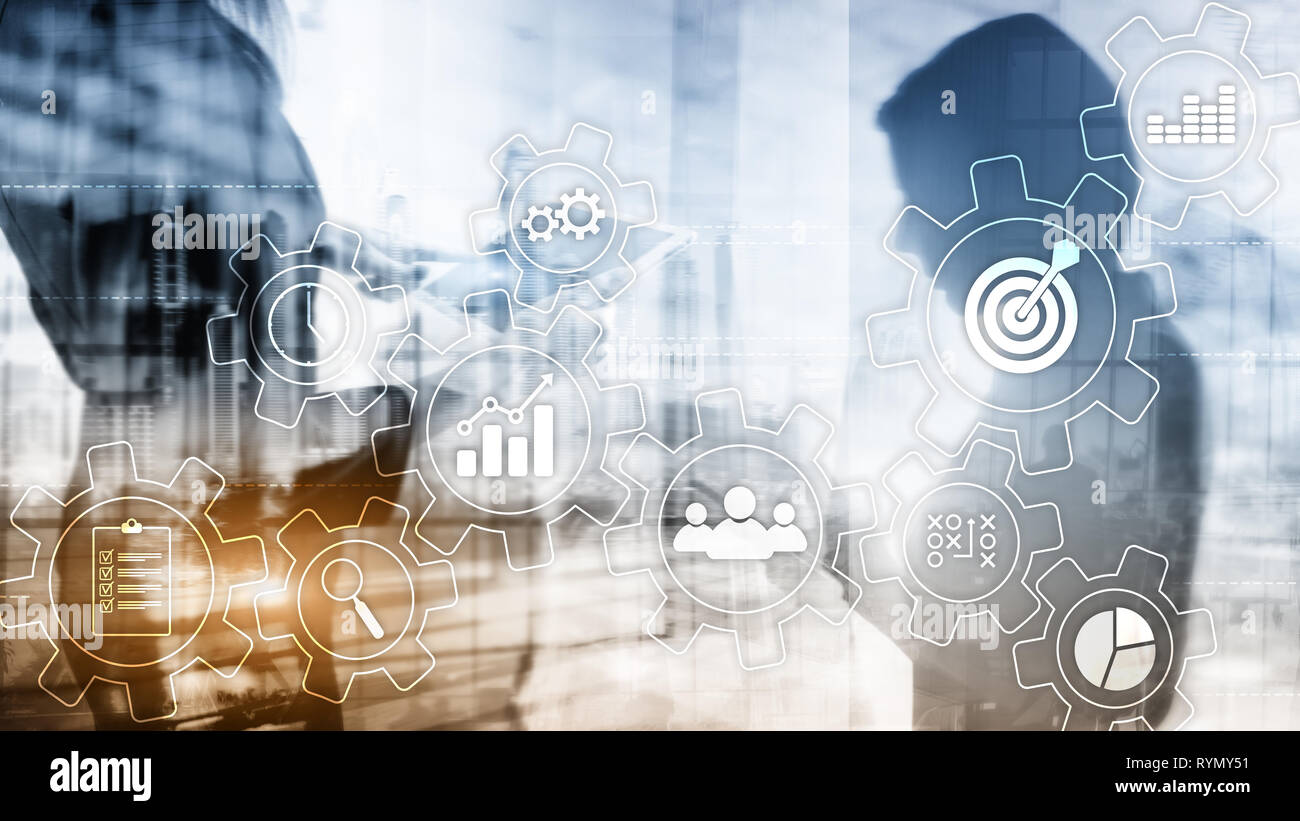 Business process automation concept. Gears and icons on abstract ...