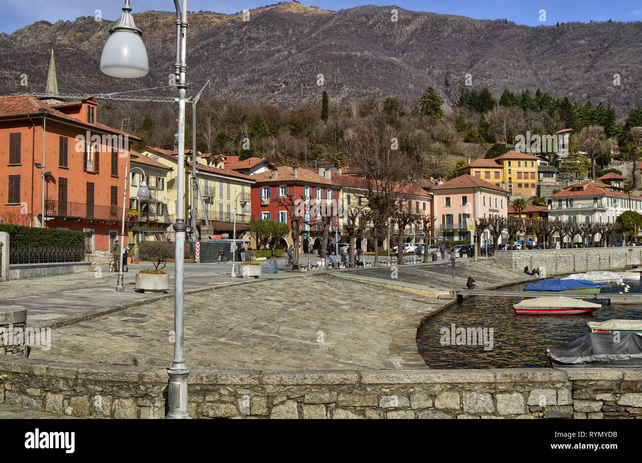 Mergozzo, Piedmont, Italy. March 2019. On the lakefront the houses with ...