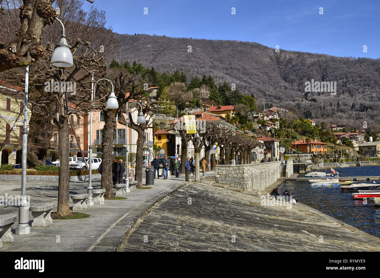 Mergozzo, Piedmont, Italy. March 2019. On the lakefront the houses with ...
