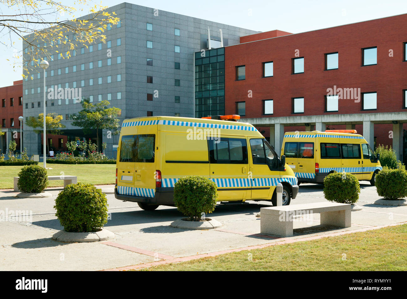 Ambulance vehicles on an hospital parking. Emergency transport ...