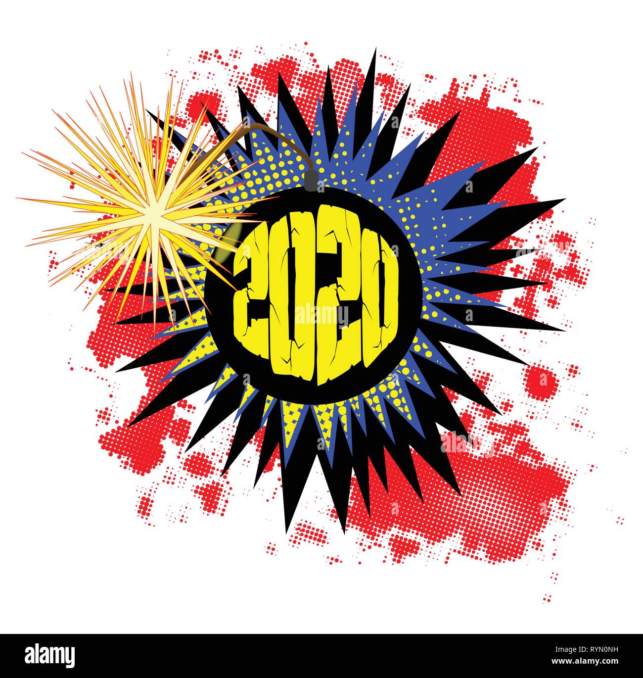 A comic cartoon style bomb exclamation explosion over a white ...