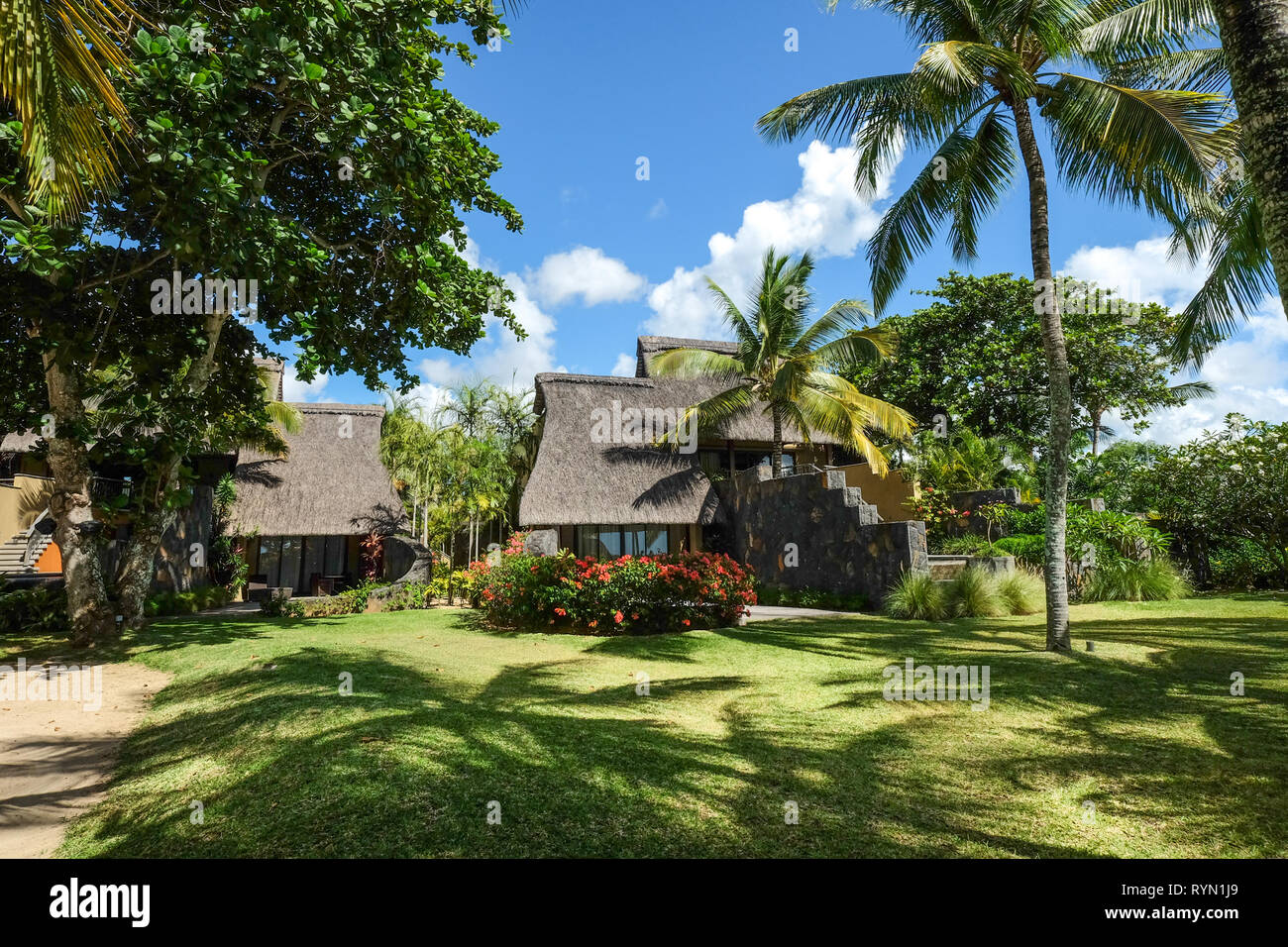 Wooden resort with coconut garden on Mauritius Island at sunny day ...