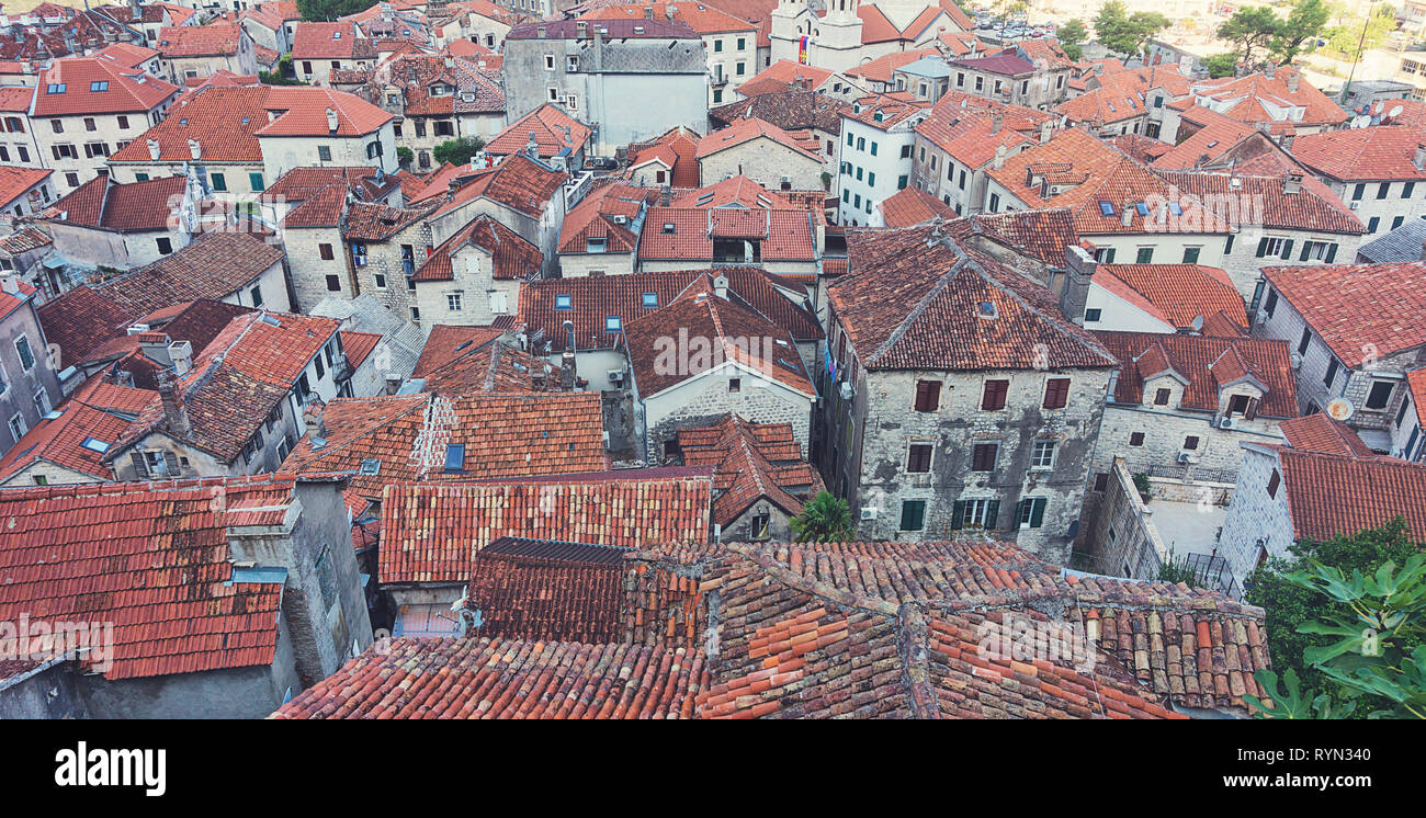 Tile roofs of old town of Kotor, Montenegro. View from above Stock ...