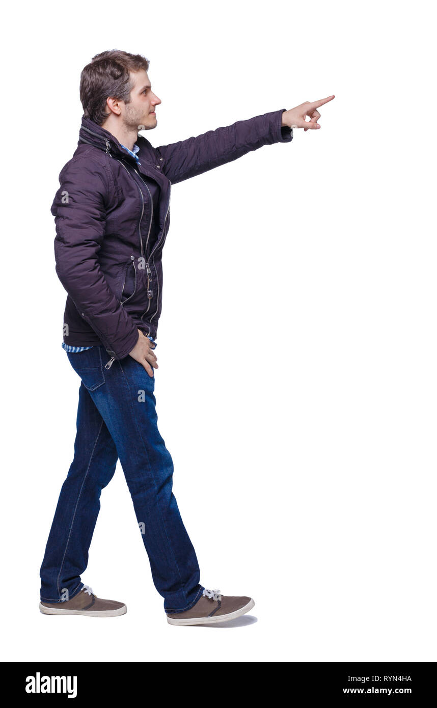 Side view of a man walking with a pointing hand. going guy showing ...