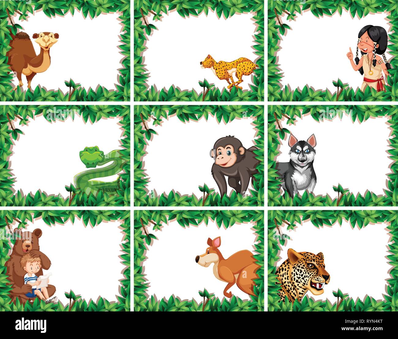 Set of animal on nature border illustration Stock Vector Image & Art ...