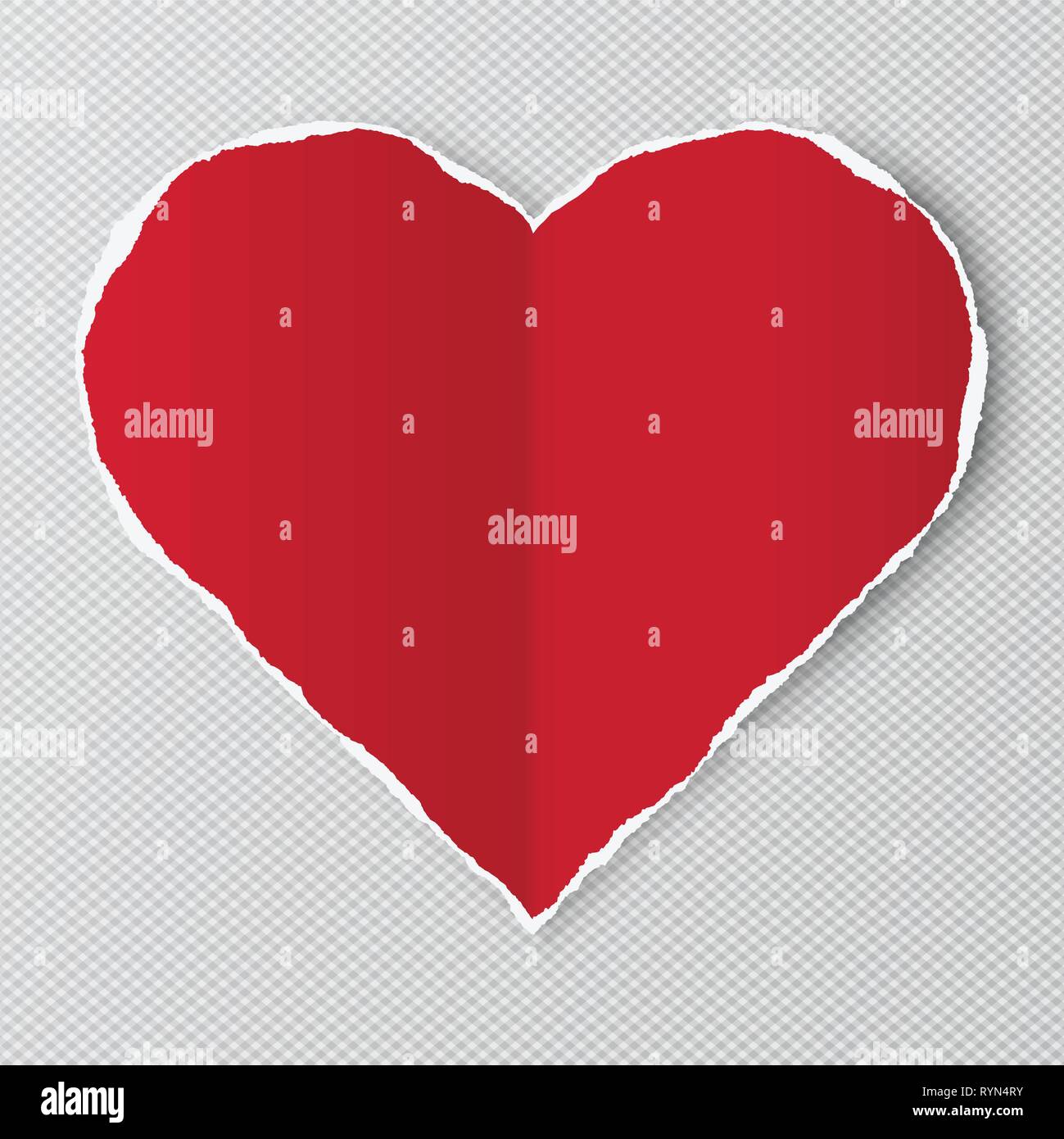Red paper heart shape with torn edges is on squared white transparent ...