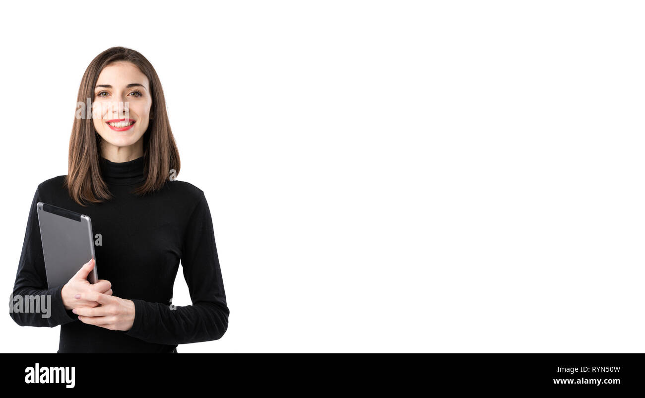 Woman business technology theme. Beautiful young caucasian woman in ...