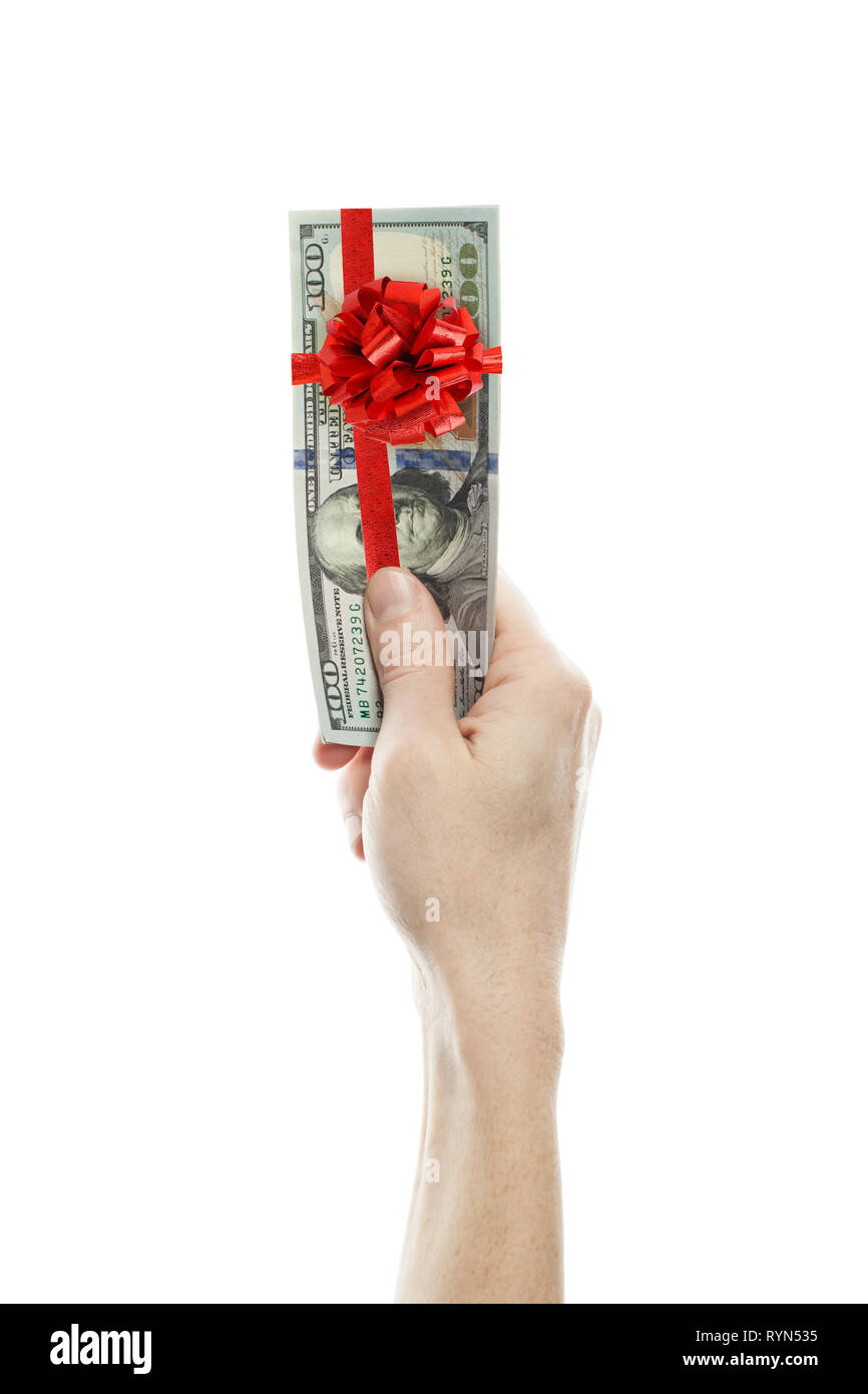 US dollars gift profit. Money cash with red ribbon and bow in man hand ...
