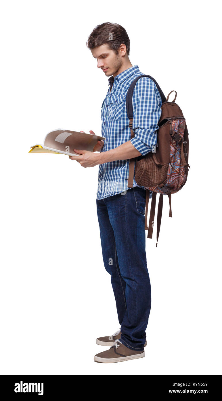 Side view of a student. guy with the backpack and textbooks. Rear view ...