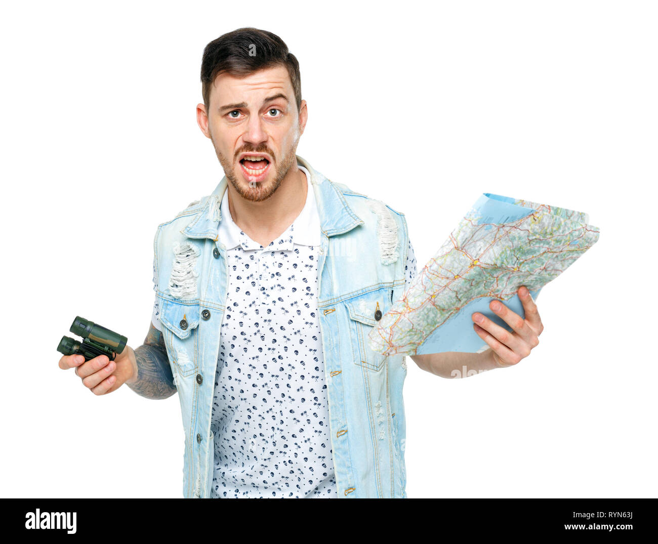 man with a map. Front view. Isolated on white background. A tourist who ...