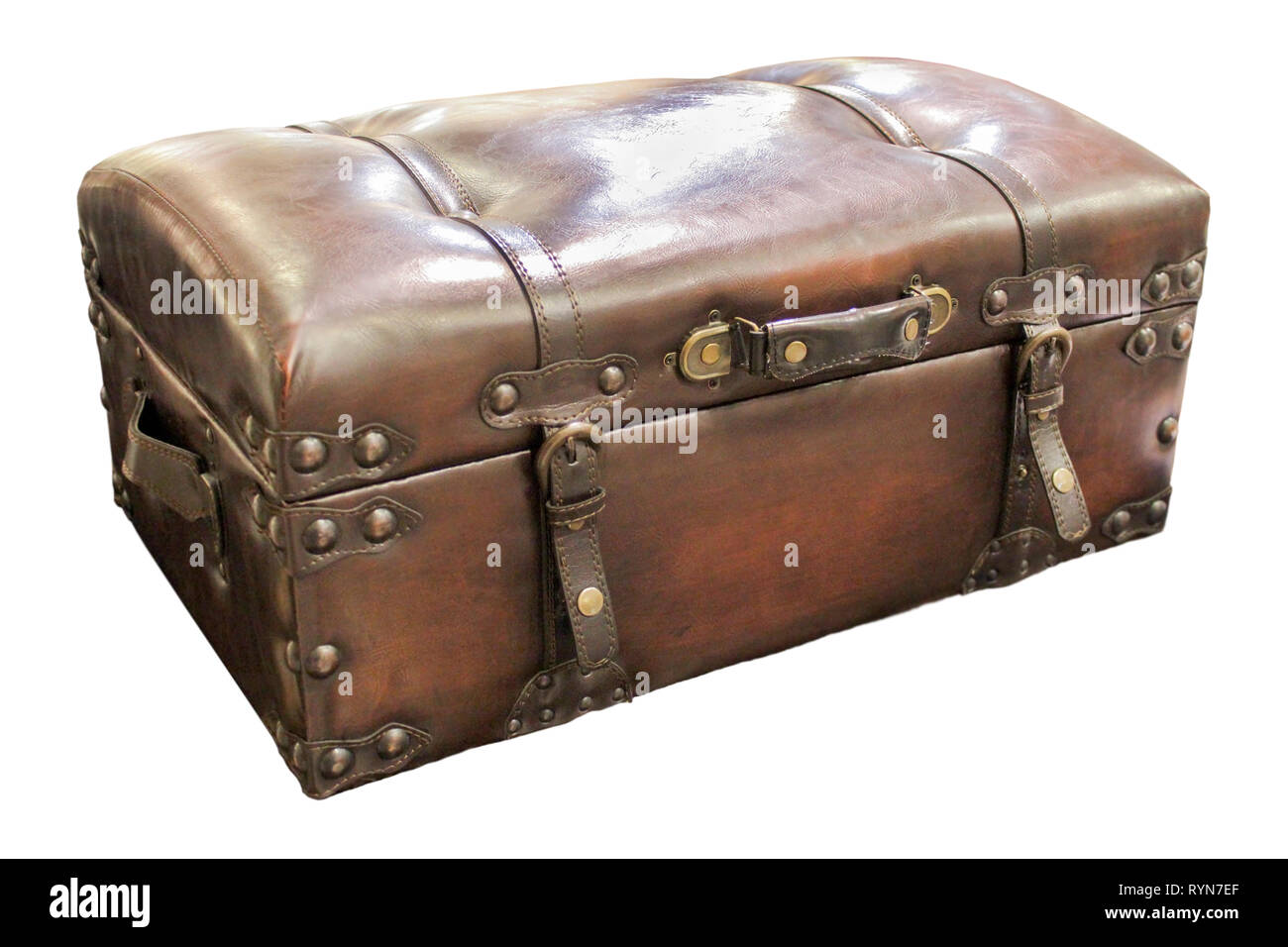 Leather suitcase chest closeup isolated on white Stock Photo - Alamy