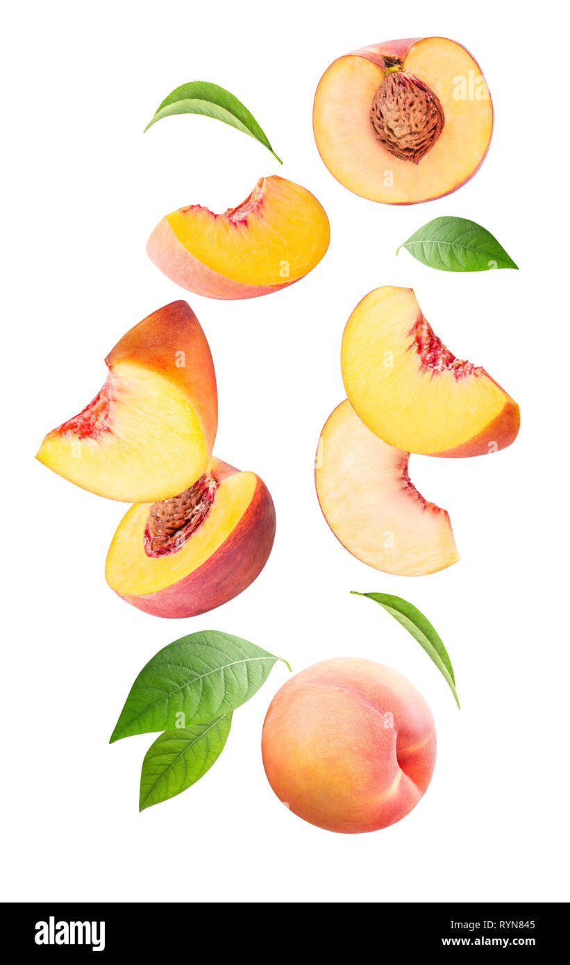 Falling fresh peach isolated on white background Stock Photo - Alamy