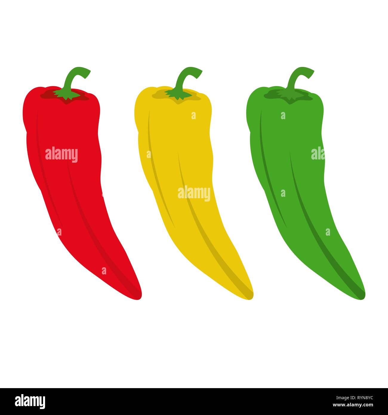 Three chilli peppers isolated. Red, yellow and green chilli peppers ...