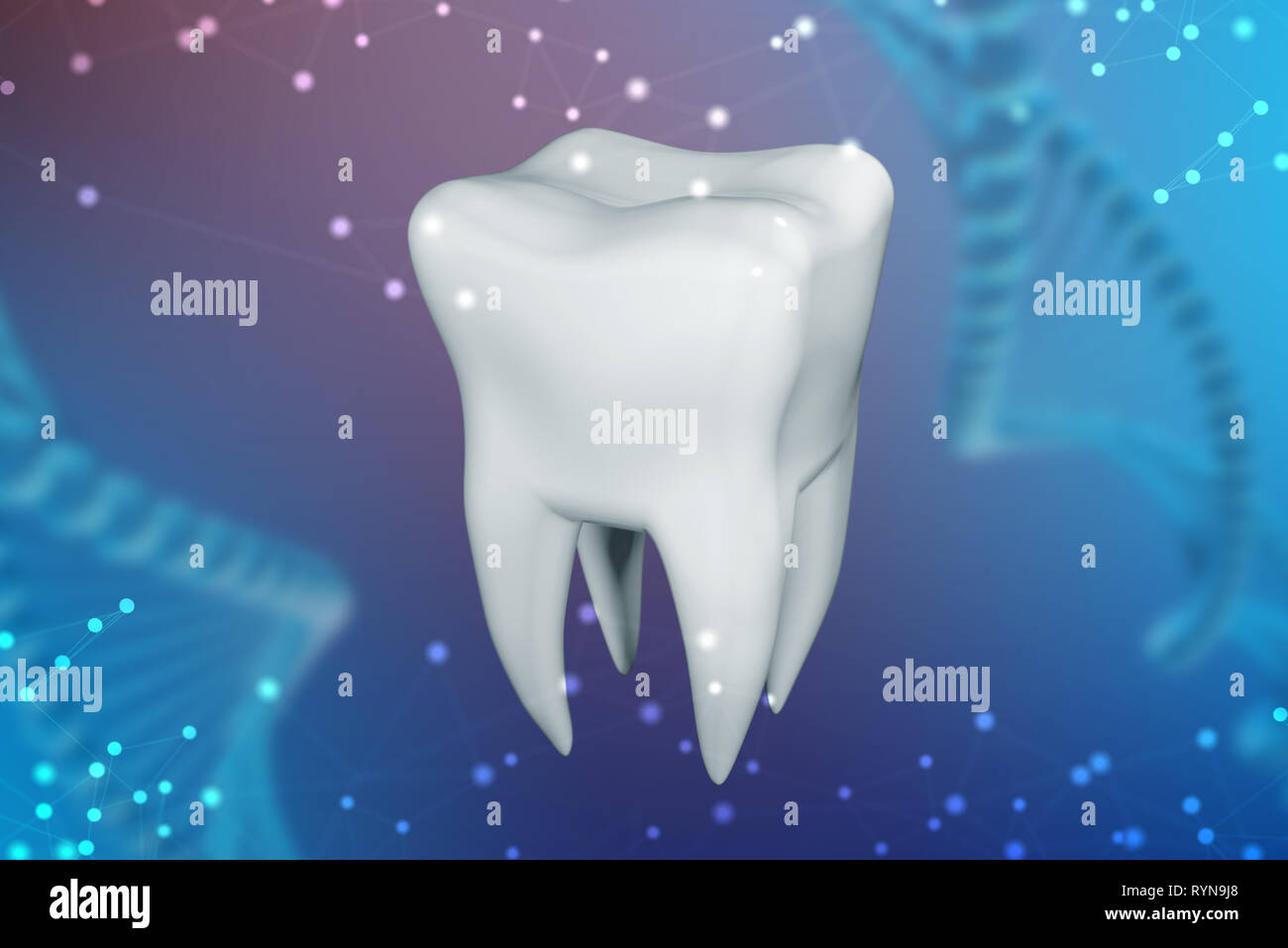3d illustration of a human tooth on a blue abstract background. The ...