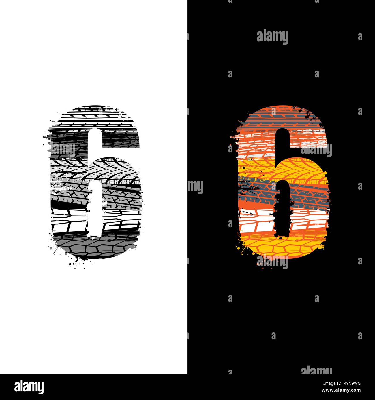 Two grunge number 6 with tire tracks isolated on differennt backgrounds ...