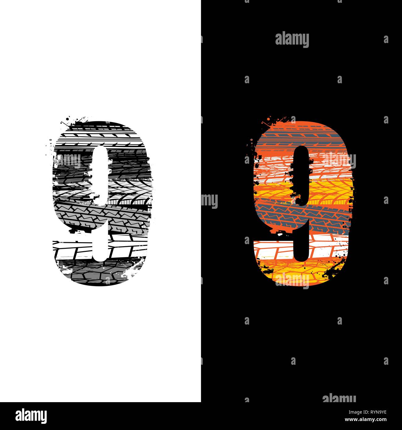 Two grunge number 9 with tire tracks isolated on differennt backgrounds ...