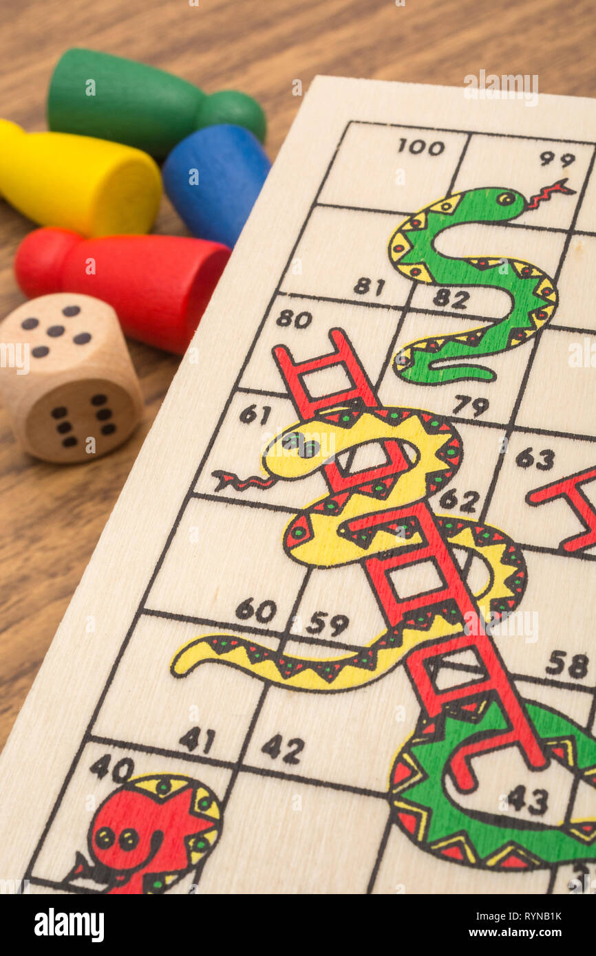 Close-up of small Snakes and Ladders game / board game For climbing ...