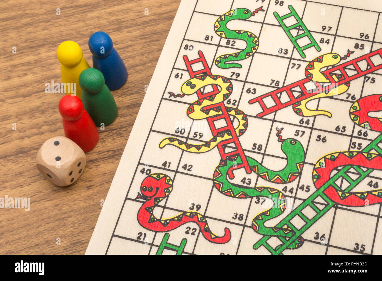 Close-up of small Snakes and Ladders game / board game For climbing ...