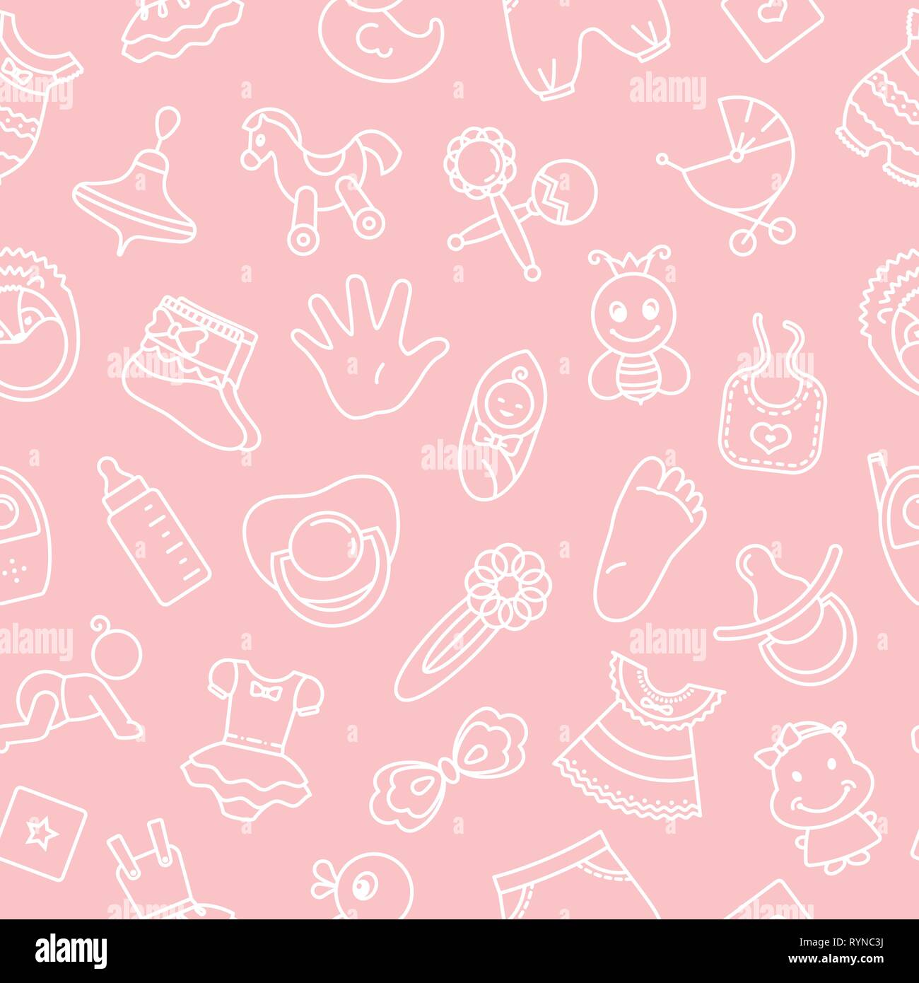 Seamless pattern of children toys and various children elements in pink ...