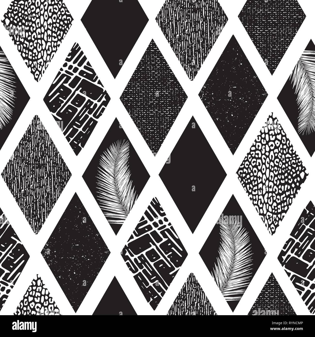 Monochrome collage rhombus shapes seamless vector pattern. Contemporary ...
