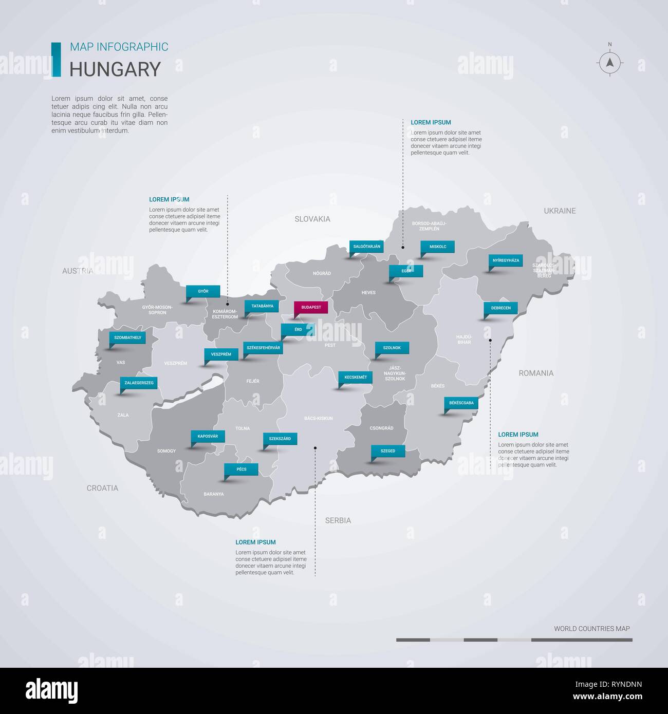 Hungary vector map with infographic elements, pointer marks. Editable ...