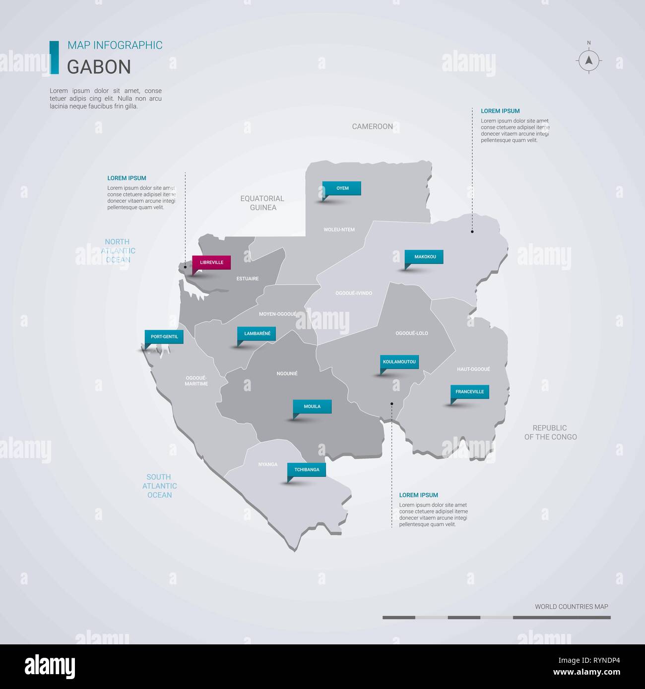 Gabon vector map with infographic elements, pointer marks. Editable ...