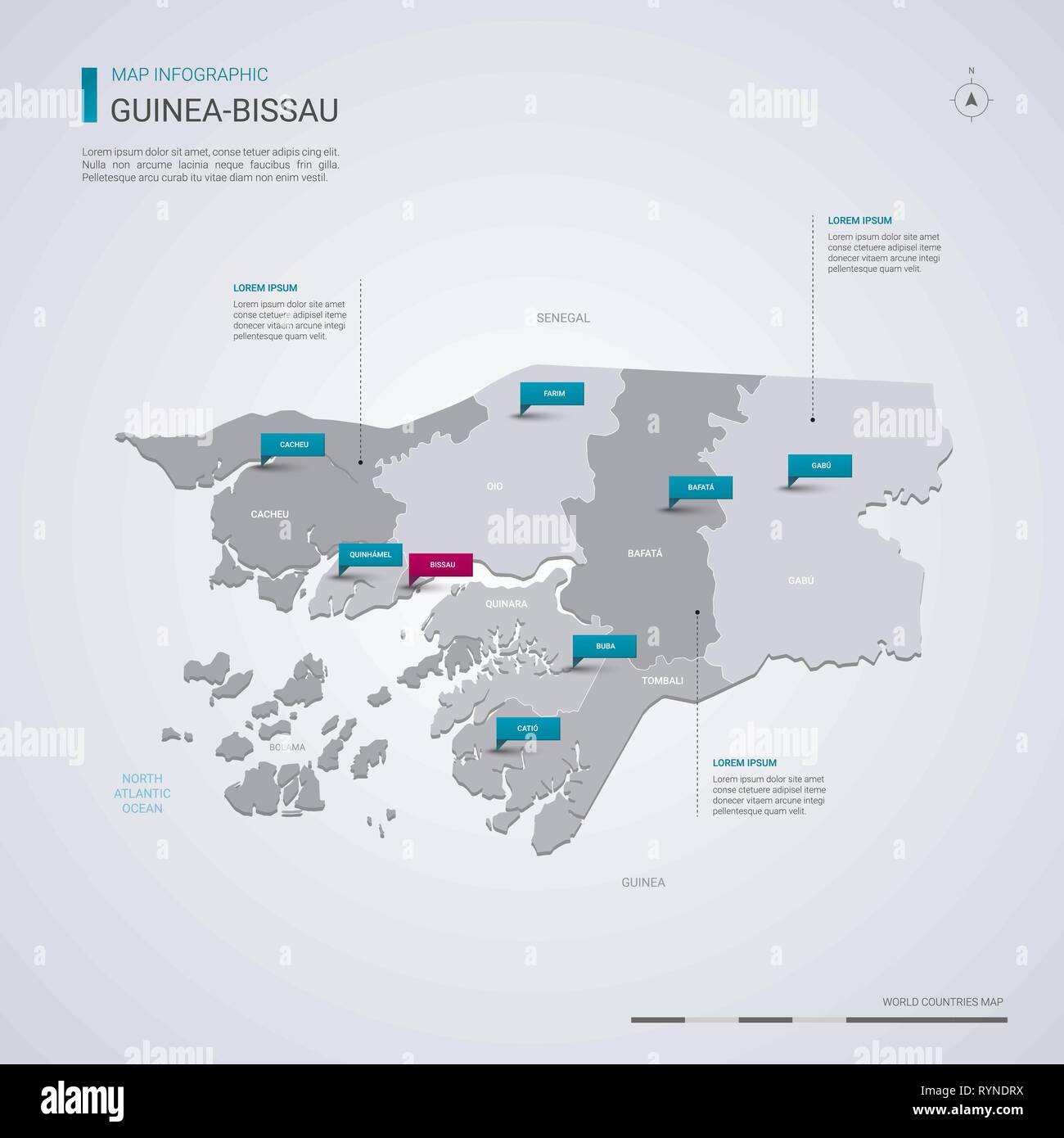 Guinea-Bissau vector map with infographic elements, pointer marks ...