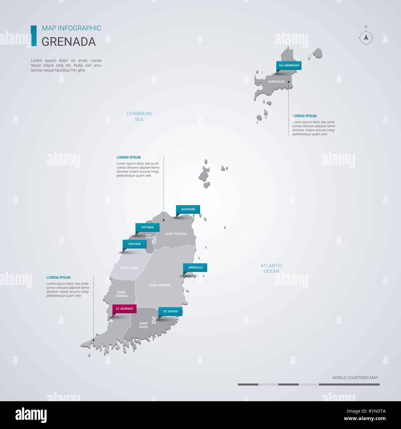 Grenada vector map with infographic elements, pointer marks. Editable ...